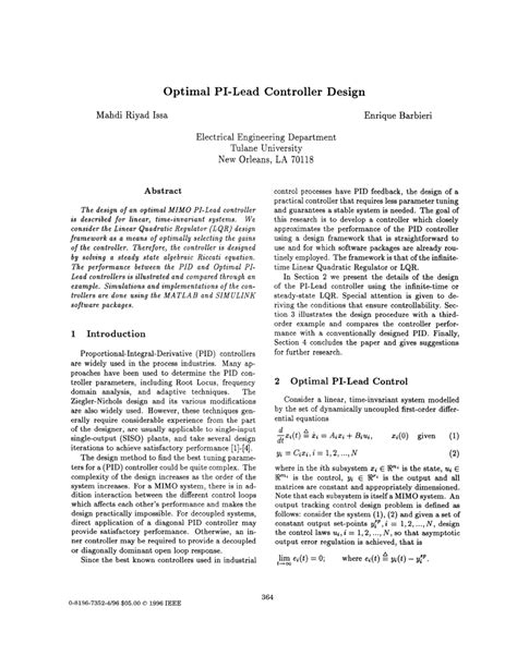 Pdf Optimal Pi Lead Controller Design