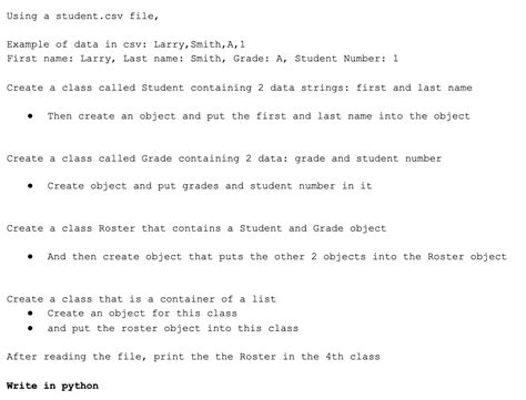 Solved Using A Student Csv File Example Of Data In Csv Chegg