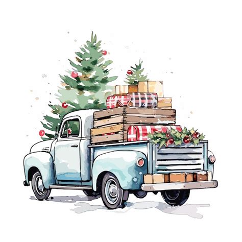 Premium Photo Watercolor Red Christmas Vintage Truck With Trees And