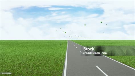 나뭇잎이 있는 녹색 에너지 도로 개념 잔디밭과 푸른 하늘이 있는 빈 시골 거리 무공해 전기 자동차 고속도로 에코 디자인 3d 렌더링 3차원 형태에 대한 스톡 사진 및 기타