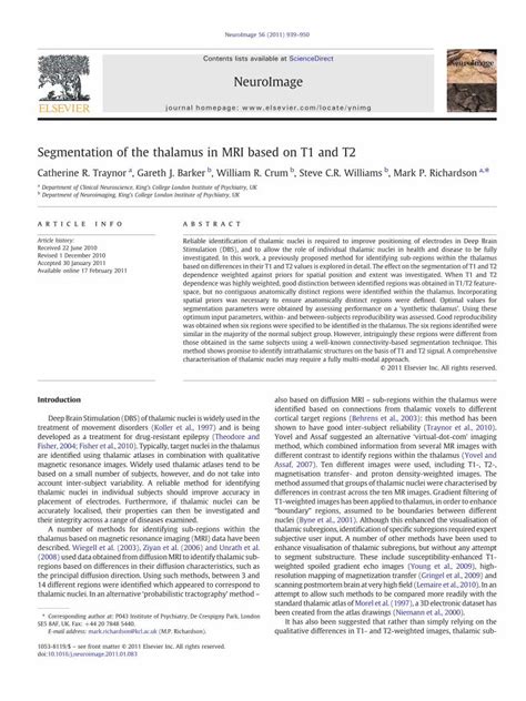 Pdf Segmentation Of The Thalamus In Mri Based On T1 And T2 Dokumentips