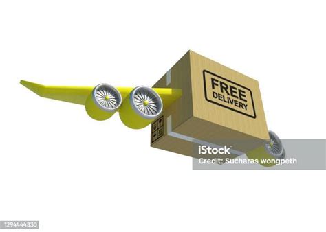 3d 일러스트 박스 는 항공기 날개와 노란색 제트 엔진이 있는 클리핑 경로가 있는 흰색 배경에서 빠른 배송 서비스를 제공합니다