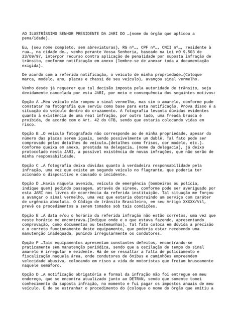 Modelo Recurso Multa Avanço De Sinal Vermelho 1 Pdf Tráfego