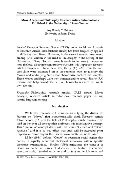 Pdf Move Analysis Of Philosophy Research Article Introductions
