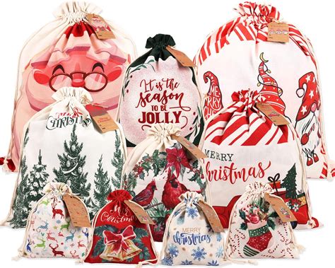POPGIFTU Christmas Drawstring Gift Bags PCS Designs Gift Bags With Tags Assorted Sizes