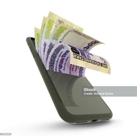 흰색 배경에 고립 된 휴대 전화 내부의 방글라데시 타카 노트의 3d 렌더링 모바일결제에 대한 스톡 사진 및 기타 이미지