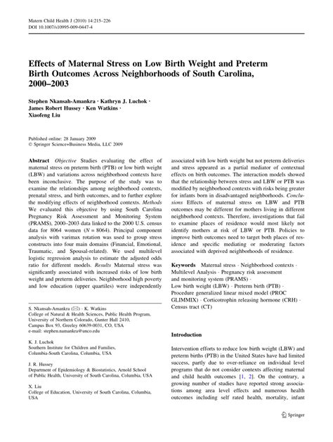 Pdf Effects Of Maternal Stress On Low Birth Weight And Preterm Birth
