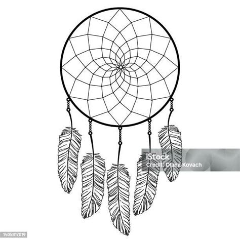 깃털로 손으로 그린 드림캐쳐 보헤미안 부적 보호 민족 스타일 마법의 부족 상징 흰색 배경에 고립된 벡터 일러스트레이션입니다 드림캐쳐에 대한 스톡 벡터 아트 및 기타 이미지