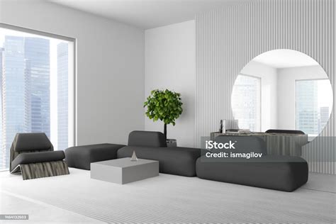 소파와 커피 테이블이 있는 흰색 회의실 인테리어 파노라마 창문 0명에 대한 스톡 사진 및 기타 이미지 0명 3차원 형태 가정의 방 Istock