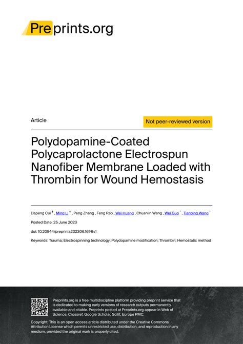 Pdf Polydopamine Coated Polycaprolactone Electrospun Nanofiber Membrane Loaded With Thrombin