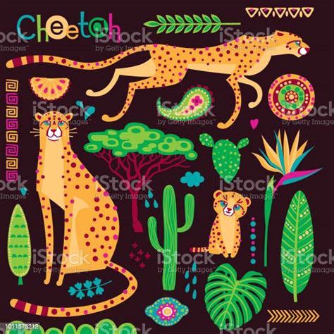 이국적인 야생 고양이 열 대 식물 및 민족 패턴 설정합니다 치타와 그들의 새끼입니다 벡터 만화 스타일의 일러스트 레이 션 개체 그룹에 대한 스톡 벡터 아트 및 기타 이미지