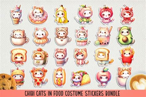 Chibi Cat In Food Costume Stickers Graphic By Nadinestore · Creative