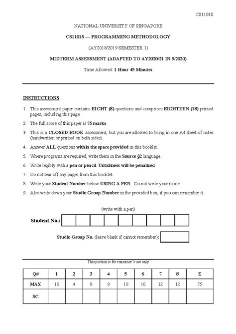 Midterm 1819s1 Practice Paper NATIONAL UNIVERSITY OF SINGAPORE