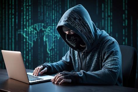 Premium Photo Hacker At The Table With A Laptop On The Background Of