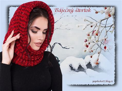 A Woman Wearing A Red Knitted Head Scarf And Black Top With Snowy Background Holding Her Hand