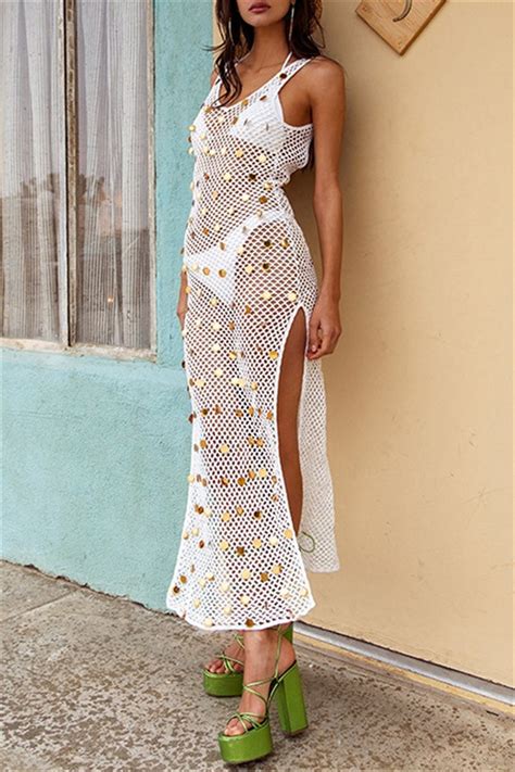Sexy Solid Hollowed Out See Through Backless Slit Swimwears Cover Up
