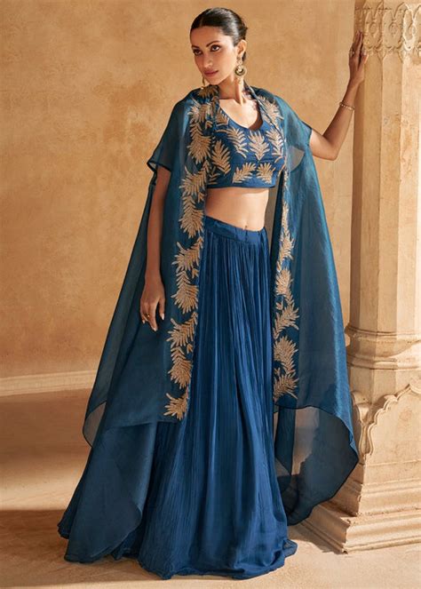 Shades Of Blue Top And Skirt Set Chinon Silk And Embroidered Jacket Usa