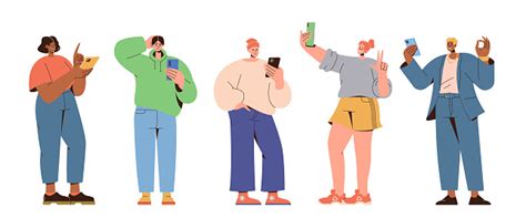 휴대폰을 사용하여 화면을 보고 친구들과 채팅하고 사진을 만드는 행복한 젊은이들 휴대전화에 대한 스톡 벡터 아트 및 기타 이미지