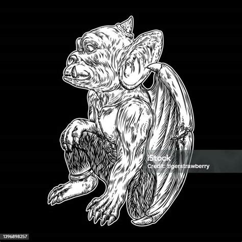 신화의 고대 가고일 생물은 박쥐 날개와 뿔키메라처럼 인간과 용을 생물 좌석 위치에 날카로운 송곳니와 발톱신화 가구유 손으로 그린 스케치가 새겨져 있습니다 벡터 가공의 인물에