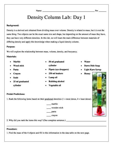 Density Column Lab Worksheets