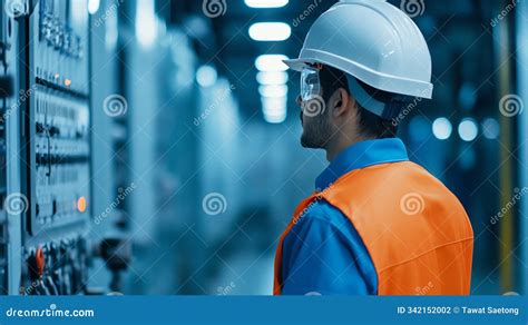 Man In Helmet Observing Control Panel In Industrial Setting Stock
