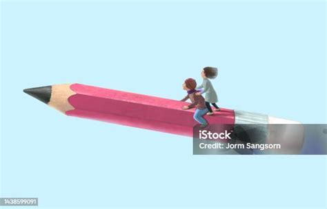 날아다니는 연필을 타고 있는 소년과 소녀 아이 교육 학교 자유 꿈 아이 형제 자매의 개념 아이디어 3d 그림입니다 귀여운 만화