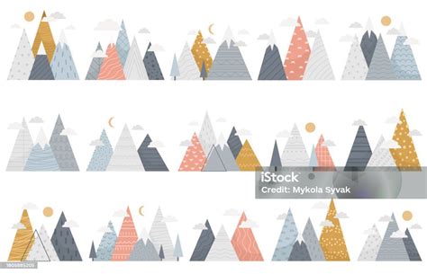 낙서 산 정상 봉우리 능선 풍경 평면 손으로 그린 스칸디나비아 스타일 고립 된 세트 0명에 대한 스톡 벡터 아트 및 기타 이미지