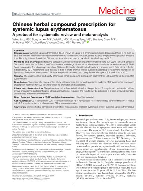 Pdf Chinese Herbal Compound Prescription For Systemic Lupus