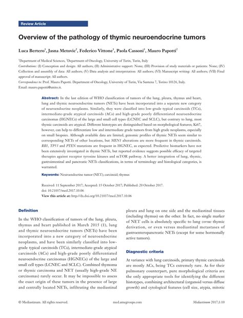 Pdf Overview Of The Pathology Of Thymic Neuroendocrine Tumors