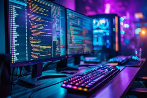 Close Up Of Programmer S Workspace In A Dimly Lit Office With Large