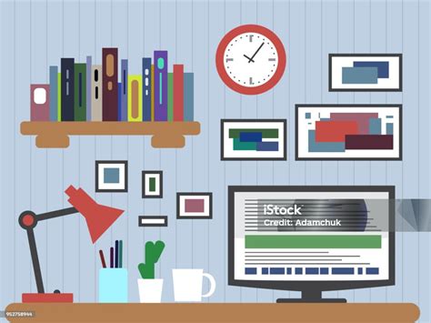 현대 사무실 인테리어 디자이너 데스크톱 표시 응용 프로그램 인터페이스 아이콘과 미니 멀 스타일 색상에서 요소의 평면 디자인 벡터