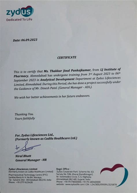 Jinal Thakkar On Linkedin I Feel Grateful To Share That I Have Completed My Internship At Zydus