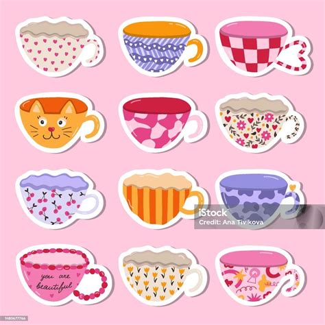 90년대 스타일의 트렌디한 세라믹 머그가 있는 큰 스티커 세트 손으로 그린 벡터 낙서 삽화 다른 찻잔 스칸디나비아 주방용 커피 머그잔 만화 컵 도자기 식기 0명에 대한 스톡