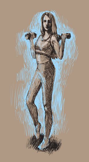 스케치 스타일 드로잉 운동복 레깅스 탱크 탑을 입은 젊은 날씬한 금발 여성이 아령으로 훈련하고 있습니다 벡터 일러스트 Eps