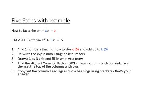 The Five Step Grid Method For Factorising Quadratics Variation Theory