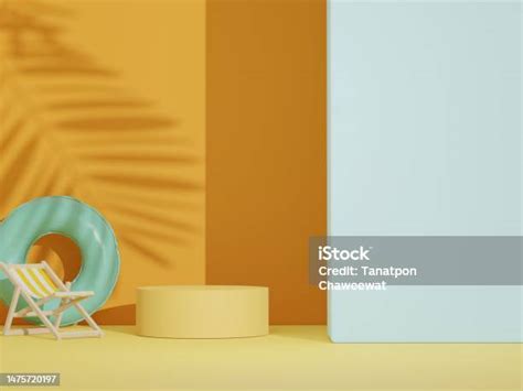 여름 시즌 배경 개념이 있는 최소 디스플레이 연단의 3d 렌더링 웹 배너와 모형을 위한 미니멀리스트 받침대 0명에 대한 스톡