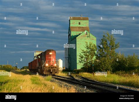 Canada Alberta Sexsmith Grain Elevators And Train On Railroad Tracks