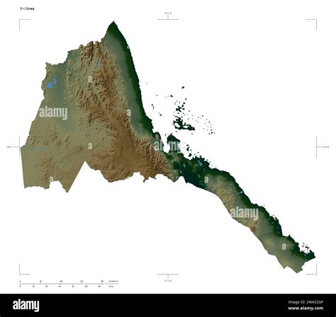 Shape Of A Colored Elevation Map With Lakes And Rivers Of The Eritrea With Distance Scale And