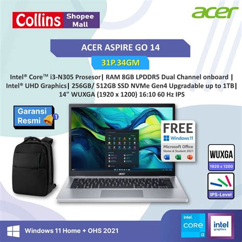 Jual Laptop Acer Aspire Go Ag I N Core Ram Gb Ssd Gb W Ohs Wuxga Slv P