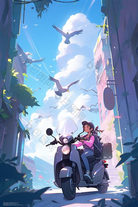 骑摩托车的小女孩插画高清图片下载 包图网