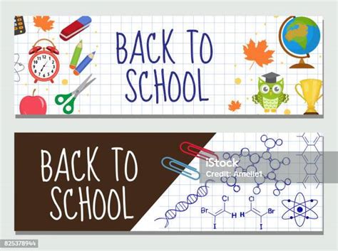 학교 세트 배너 공간 디자인에 대 한 텍스트와 함께 서식 파일 돌아가기 교육 컬렉션 긴 보드 포스터 전단지입니다 플랫 스타일입니다 벡터 일러스트입니다 0명에 대한 스톡 벡터