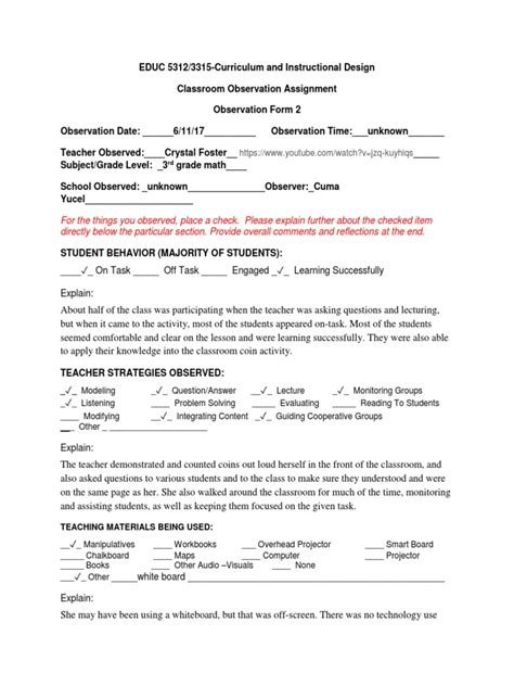Classroom Observation Assignment Form 2 Cuma Yucel Pdf Classroom