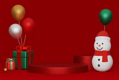 유토이미지 크리스마스 포디움 빨간색 배경 무대와 풍선과 선물 상자들
