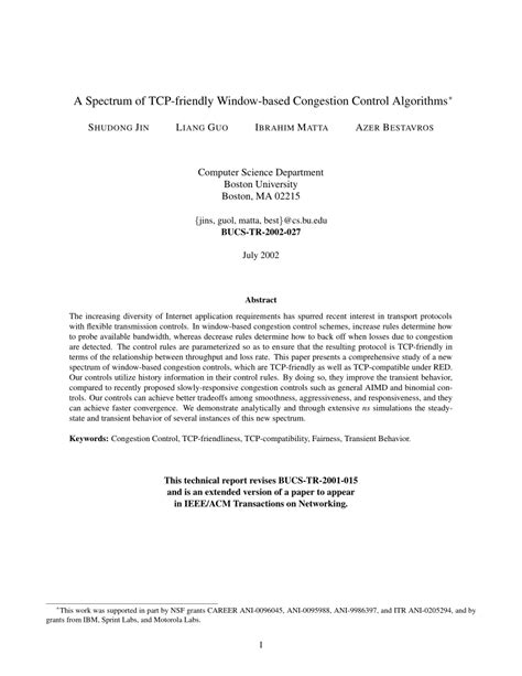 Pdf A Spectrum Of Tcp Friendly Window Based Congestion Control Algorithms