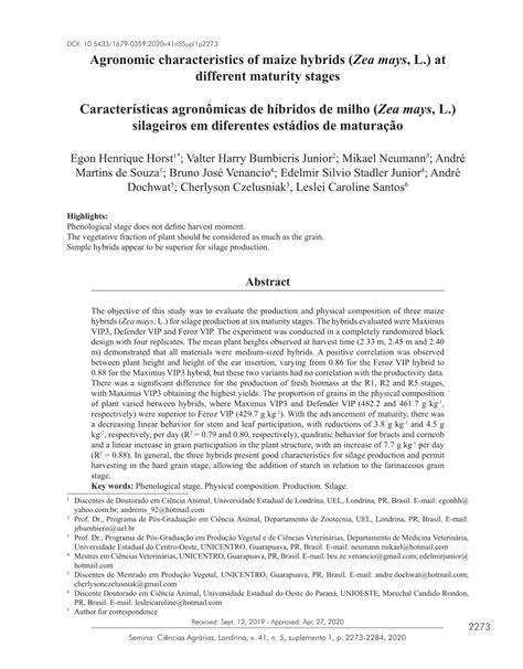 Pdf Agronomic Characteristics Of Maize Hybrids Zea Mays L At Different Maturity Stages