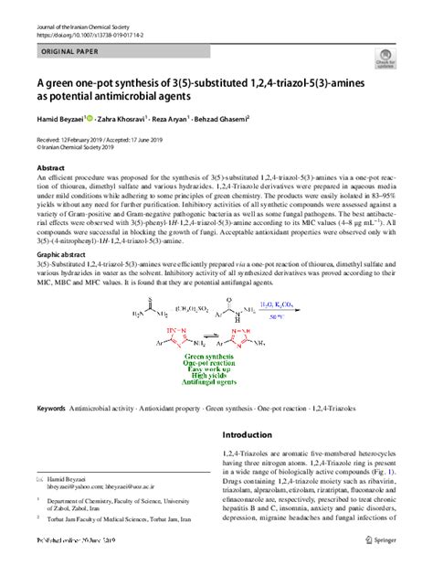 Pdf A Green One Pot Synthesis Of 3 5 Substituted 1 2 4 Triazol 5 3 Amines As Potential