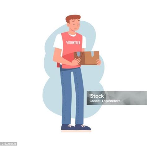 가난한 벡터 일러스트 레이 션에 인도 주의적 원조와 도움을주는 골 판지 상자를 들고 남자 자원 봉사자 캐릭터 개념에 대한 스톡 벡터 아트 및 기타 이미지 Istock
