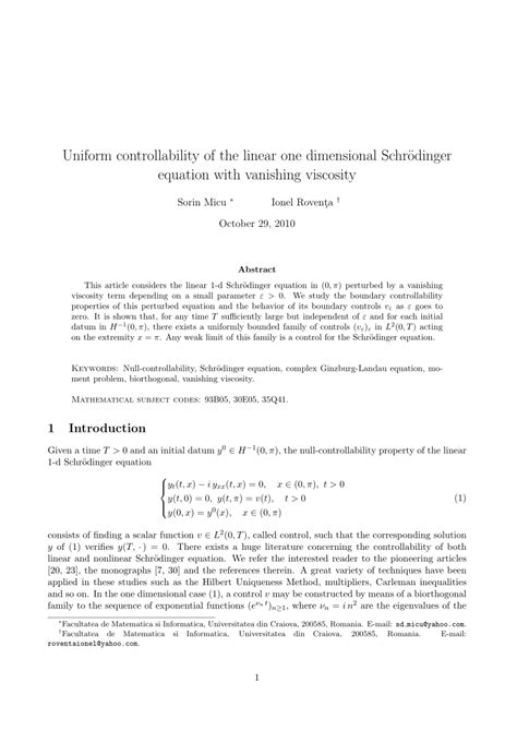 Pdf Uniform Controllability Of The Linear One Dimensional Schrödinger Equation With Vanishing