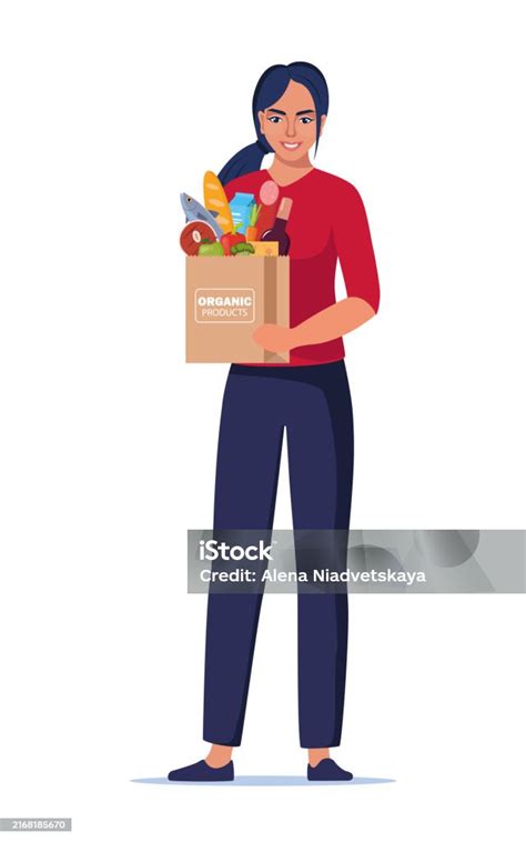 여자는 식료품이 든 종이 봉지를 들고 서 있습니다 음식 야채 빵을 사는 소녀 식료품 쇼핑 벡터 일러스트 레이 션 가방에 대한