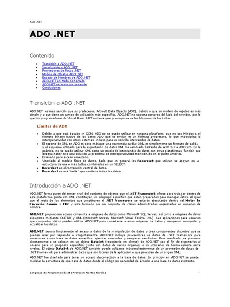 Teoria De Ado Net 20 Pdf Active X Data Objects Servidor Sql De